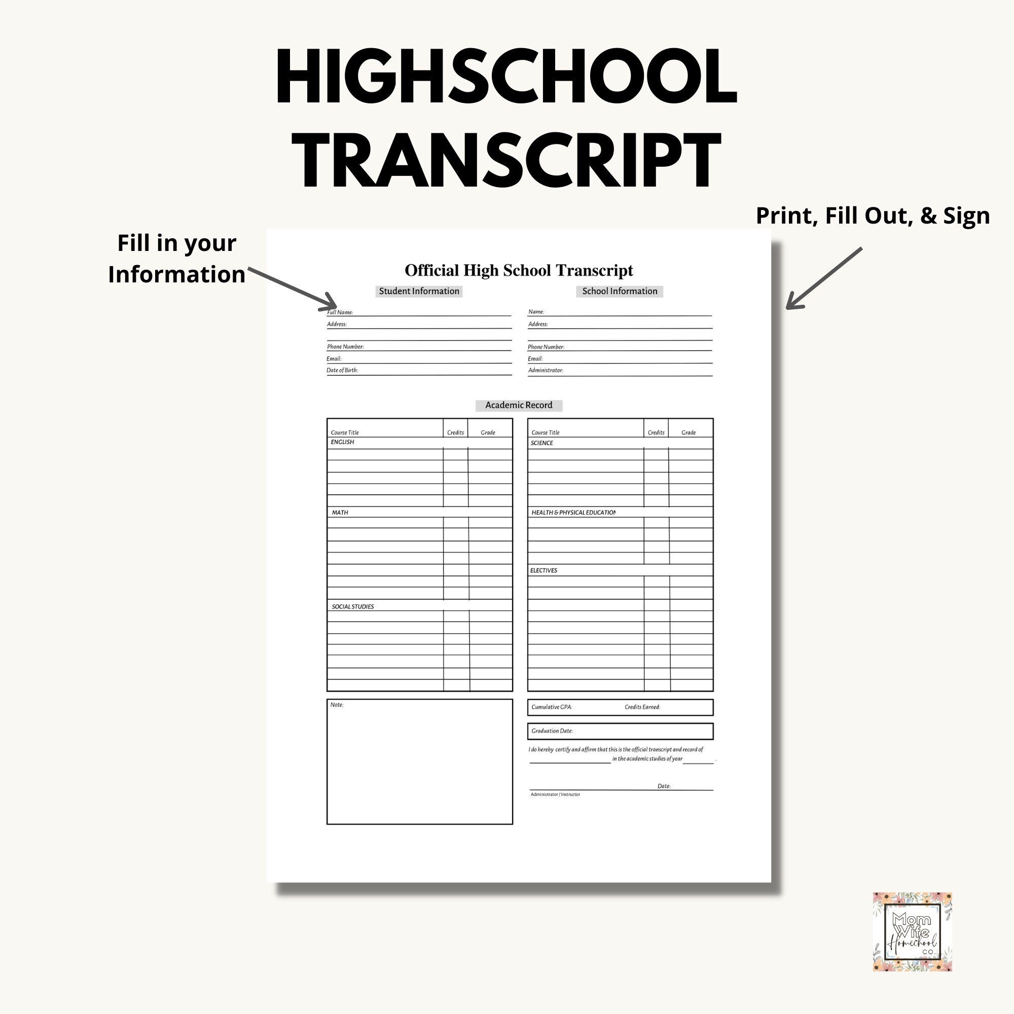 Official High School Transcript for Homeschoolers Editable Homeschool ...