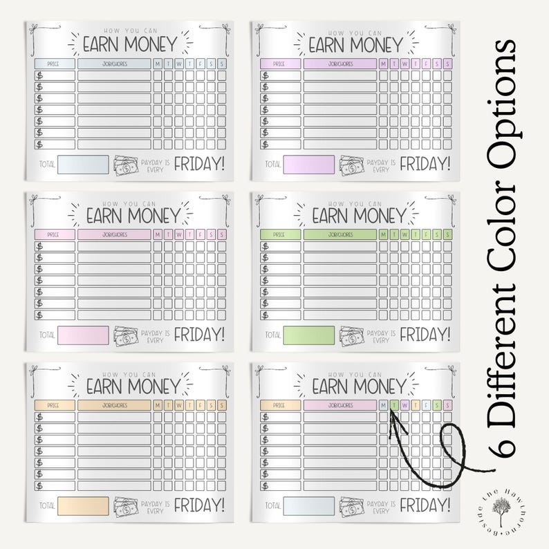 Printable Allowance Chart, Earn Money, Customizable Chore Chart, Award ...