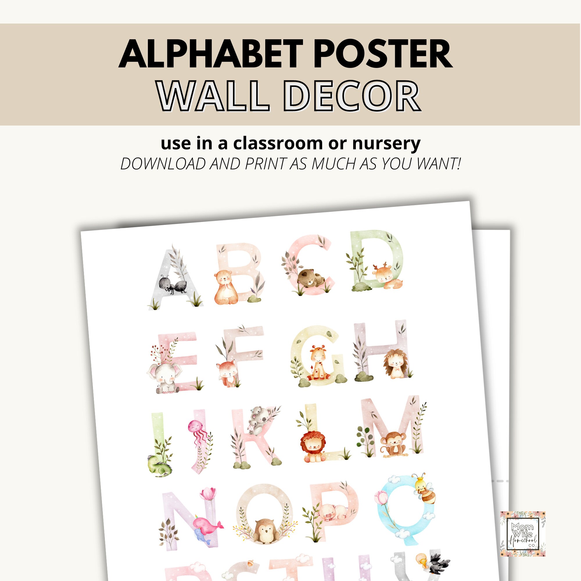 Watercolor Alphabet Wall Art | ABC Wall Poster for Classroom or Nursery ...