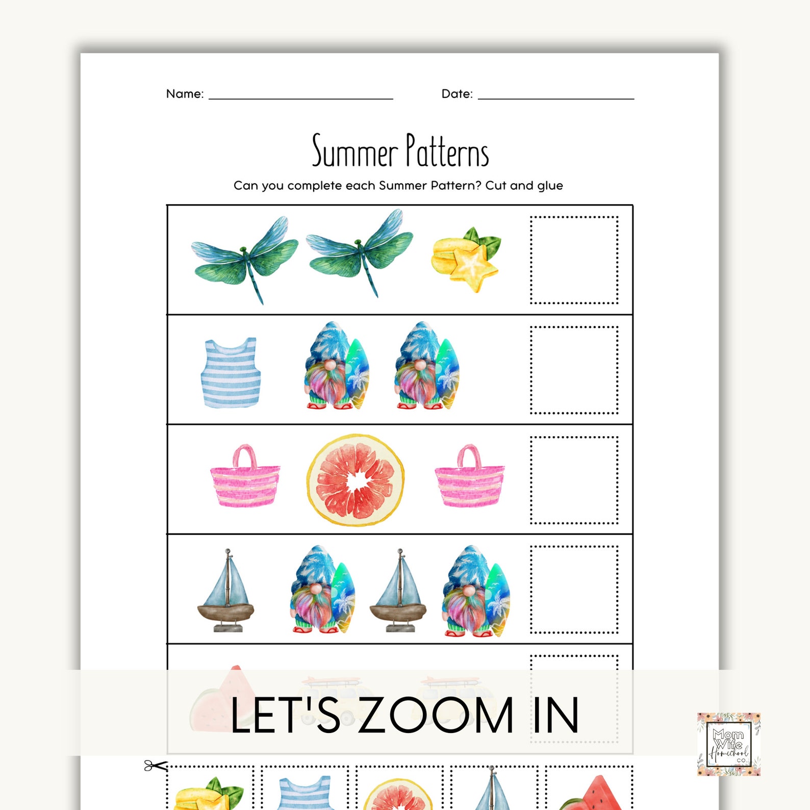 Summer Cut and Paste Patterns Activity Worksheets for Preschoolers ...