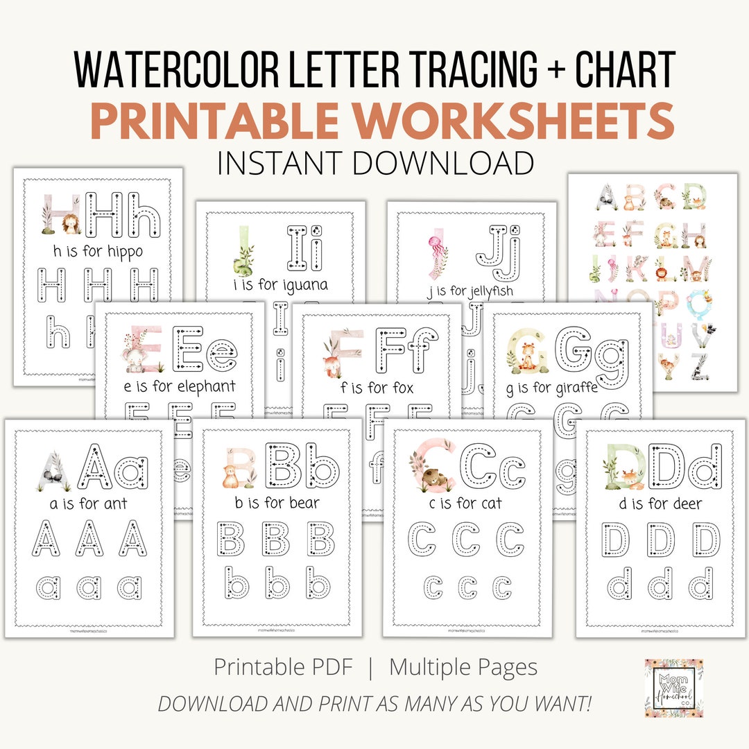 Watercolor Animal Letter Tracing Worksheets | Letter Tracing Printables ...