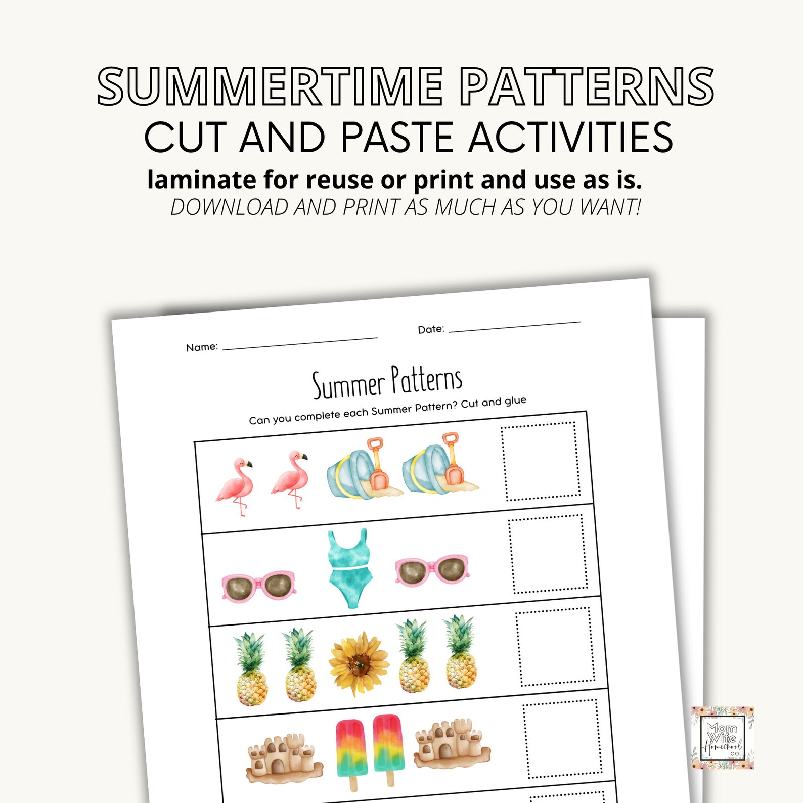 Summer Cut and Paste Patterns Activity Worksheets for Preschoolers ...