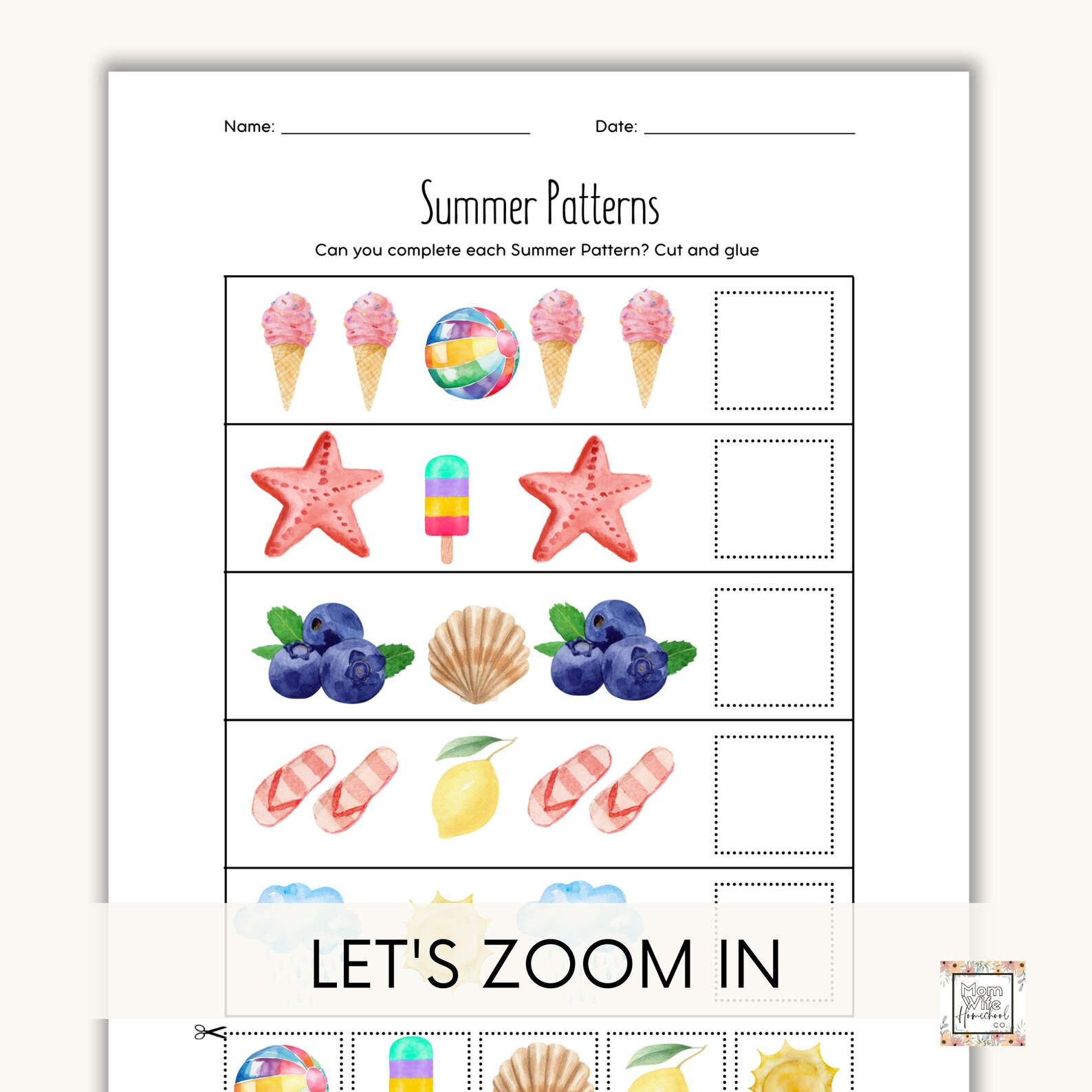 Summer Cut and Paste Patterns Activity Worksheets for Preschoolers ...