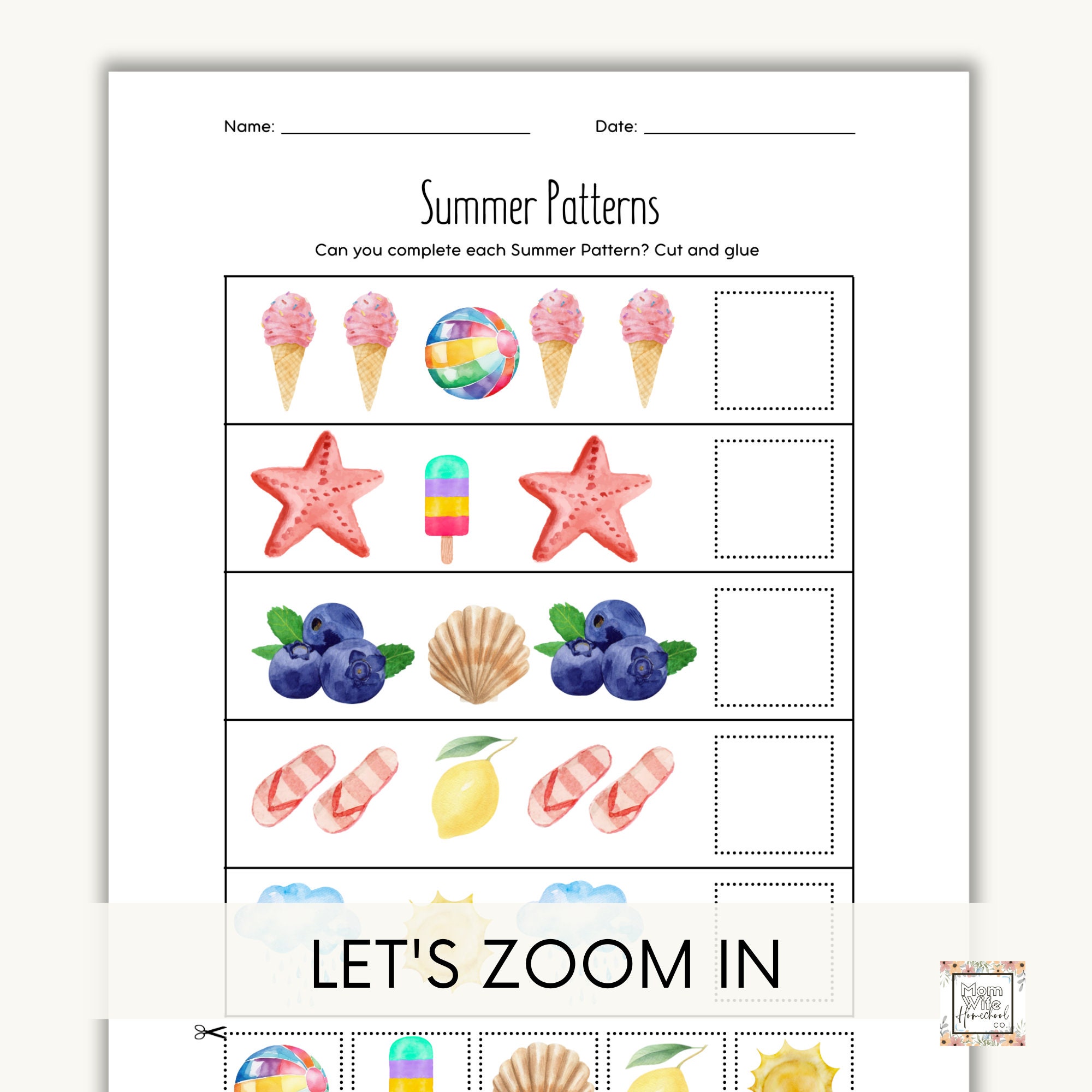 Summer Cut and Paste Patterns Activity Worksheets for Preschoolers ...