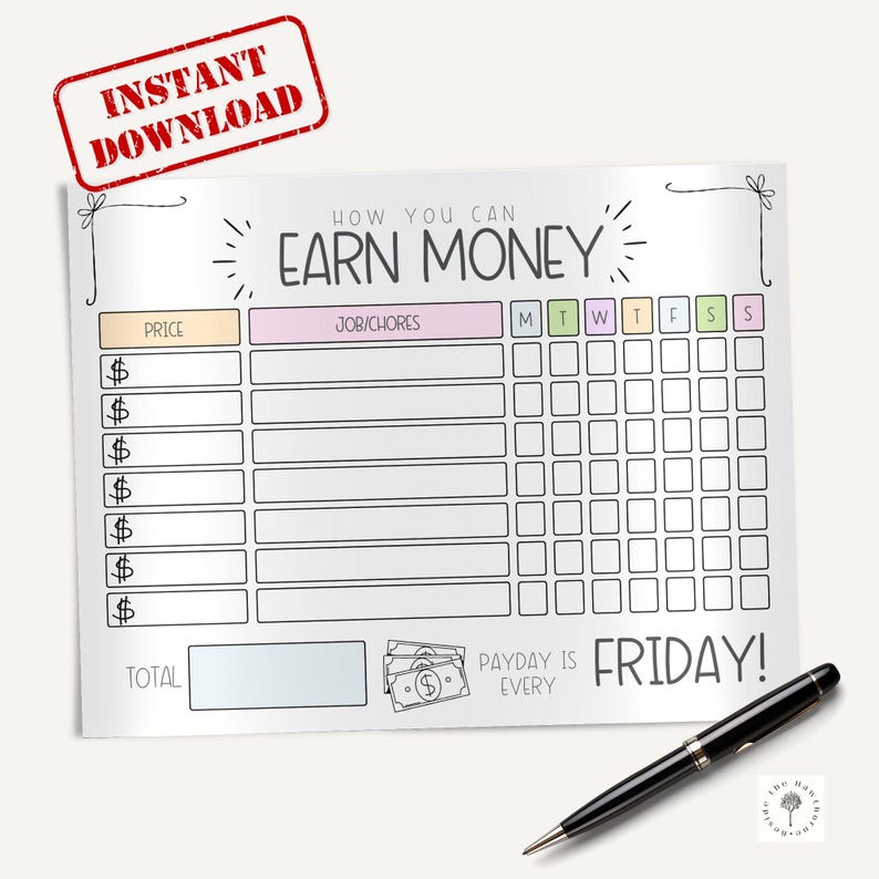 Printable Allowance Chart, Earn Money, Customizable Chore Chart, Award ...