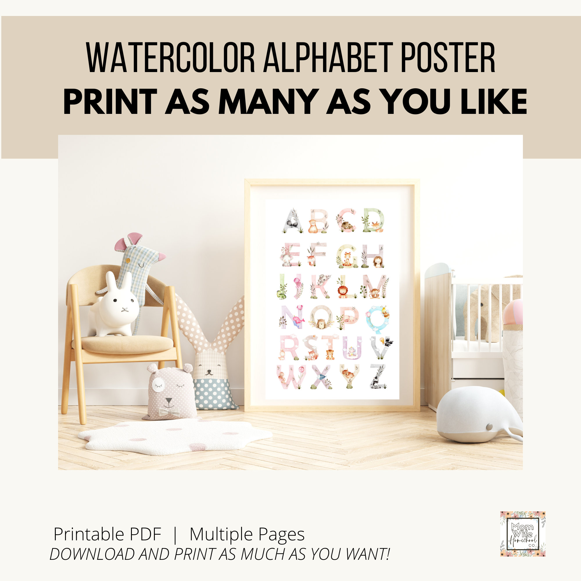 Watercolor Alphabet Wall Art | ABC Wall Poster for Classroom or Nursery ...