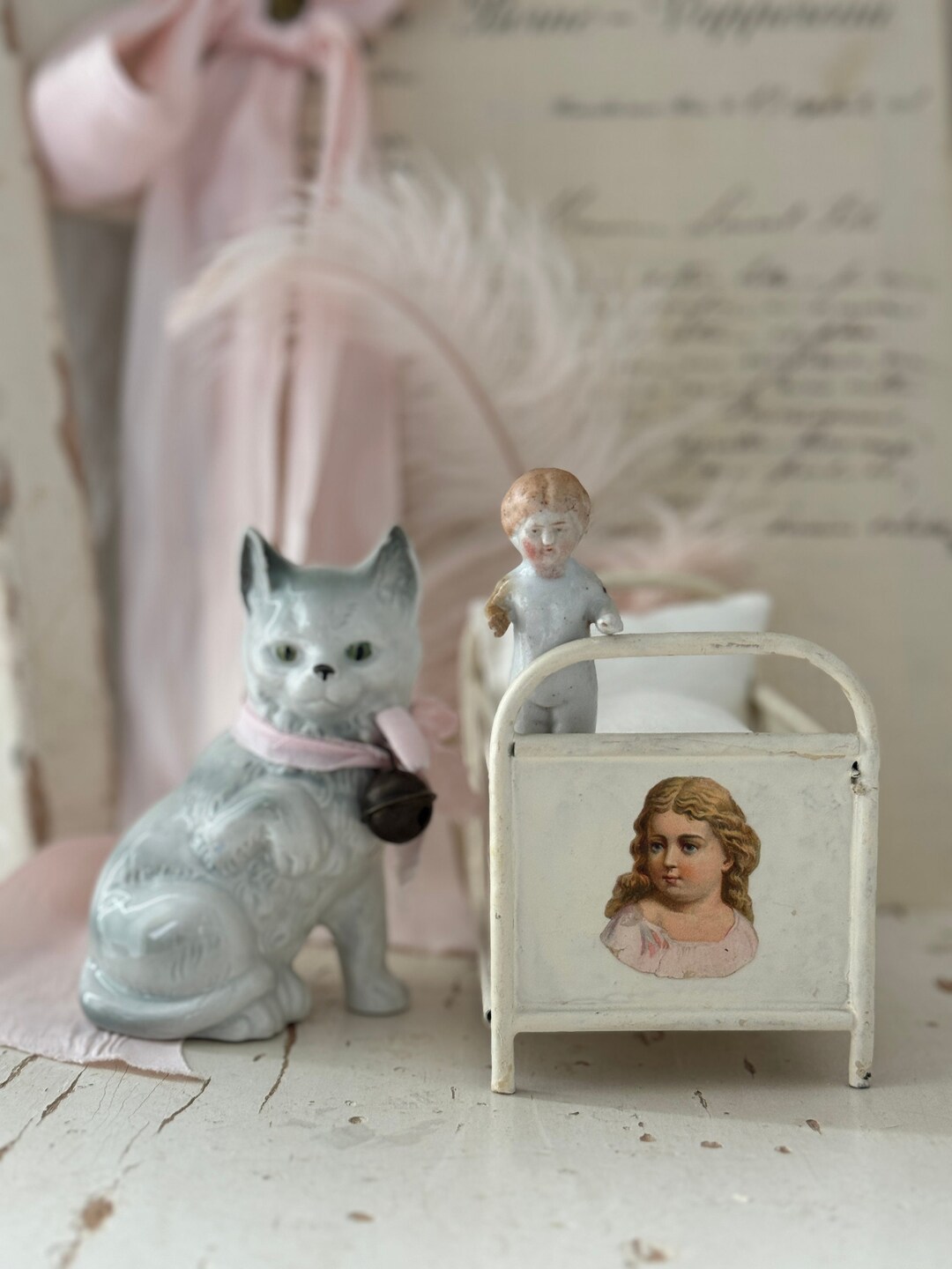 UNIQUE Antique Iron Metall Doll Toy Bed With Faded Pink Bedding ...