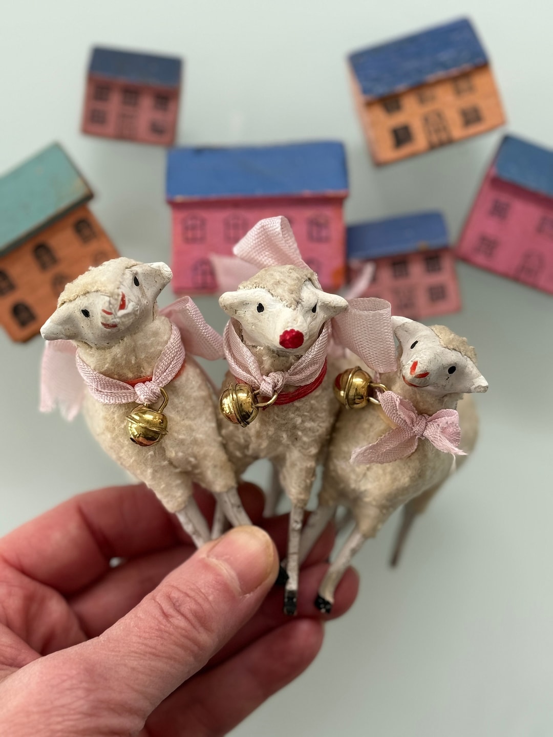 R A R Antikes Vintage Wollschaf Schafe Schäfchen PUTZ rosa Halsband 1 ...