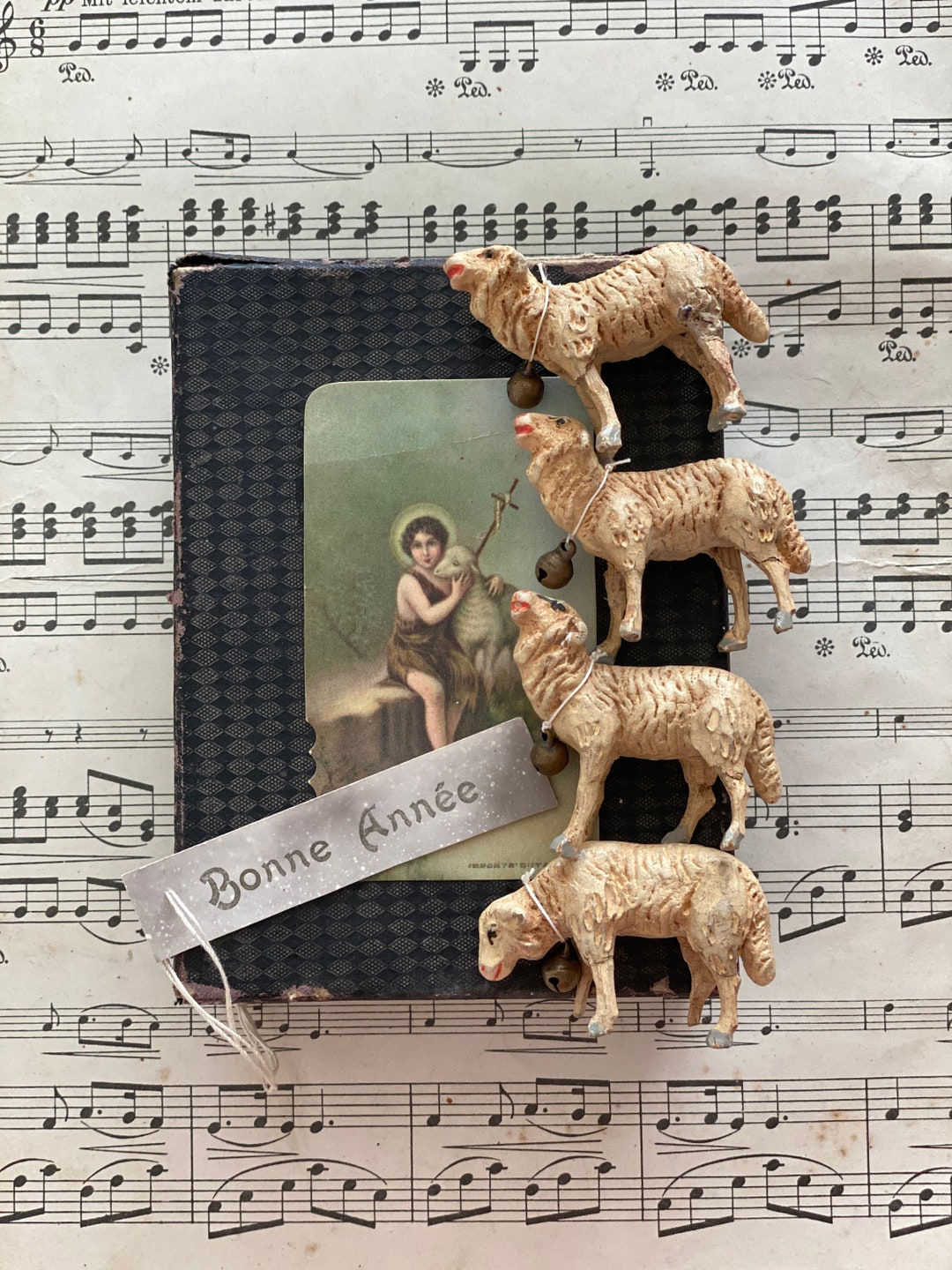 RARE Ur-old Antique Cardboard Box With 4x Vintage Nativity Scenes Sheep ...