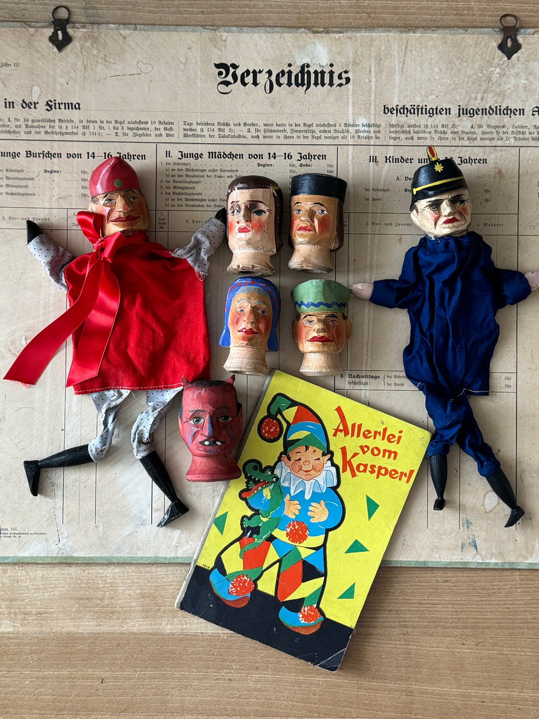 RARE Vintage Set of 7 Carved KASPER Wooden Puppet Show Dolls ...