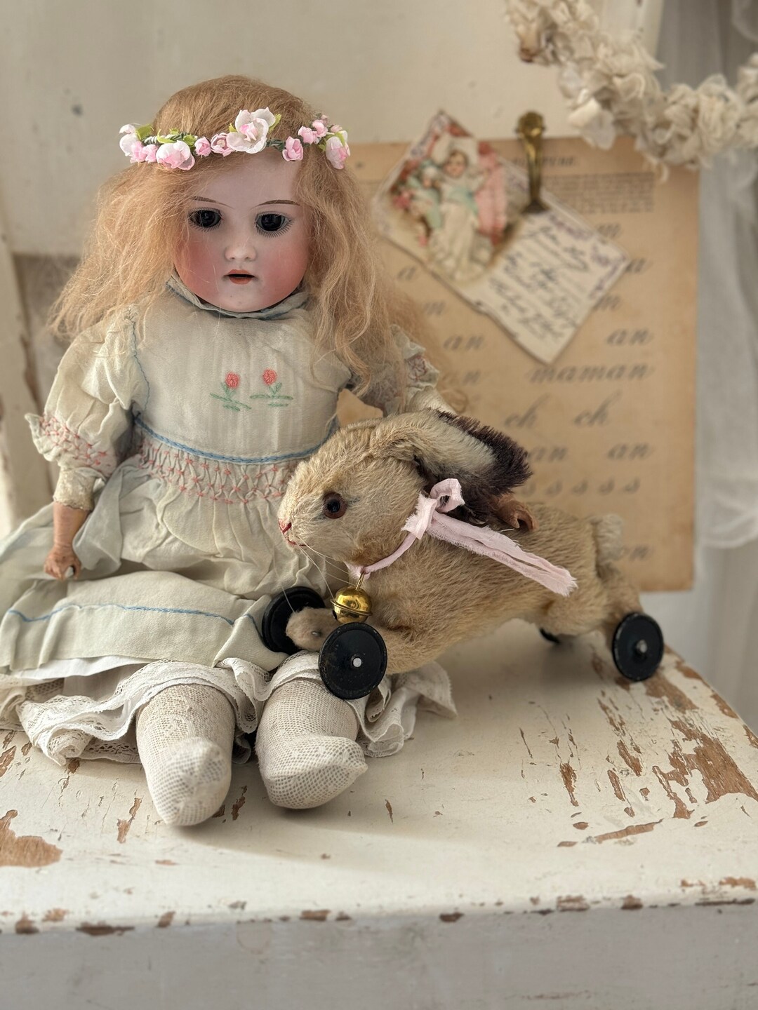 CHARMING!! Old Vintage German Plush Toy Mohair Rabbit on Metal Tin ...