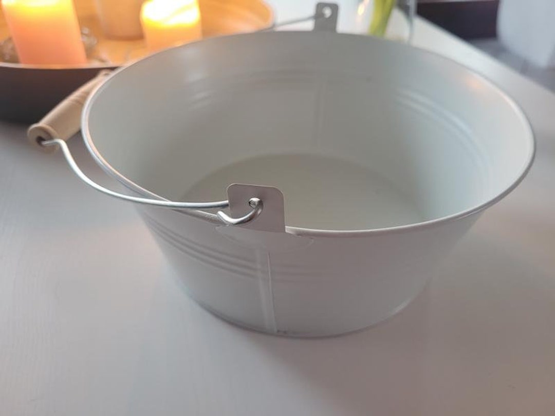 Round Zinc Bowl in White & Pale Green With a Wooden Handle - Etsy