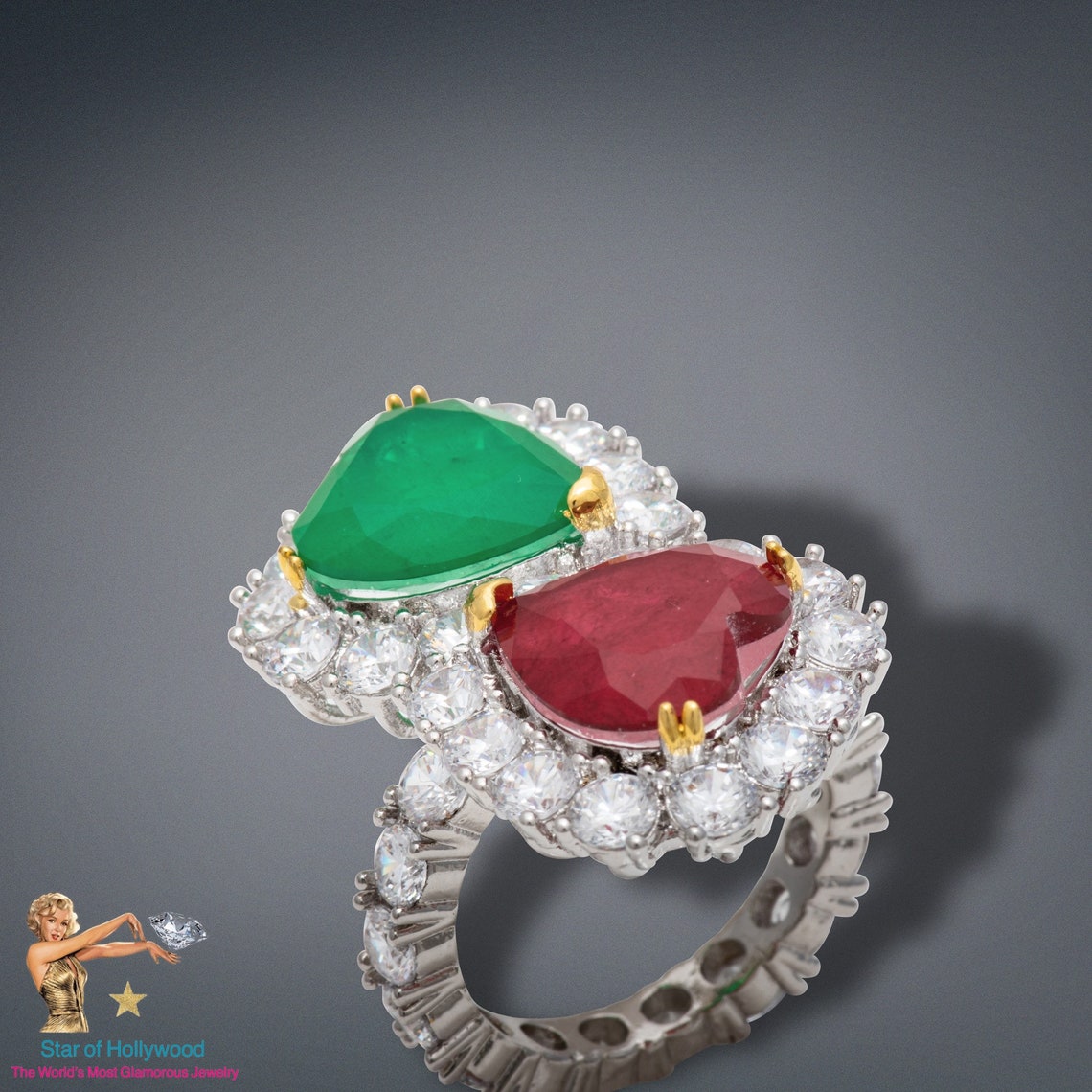 Mother & Daughter, Double Heart, Ruby and Emerald Ring, July and May ...