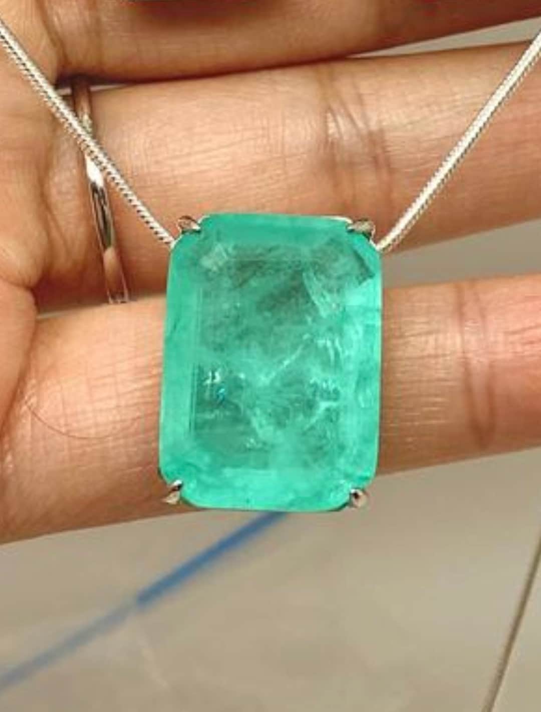 Glowing Neon Greenish Colombian Emerald Rectangle Drop Necklace Pendant ...