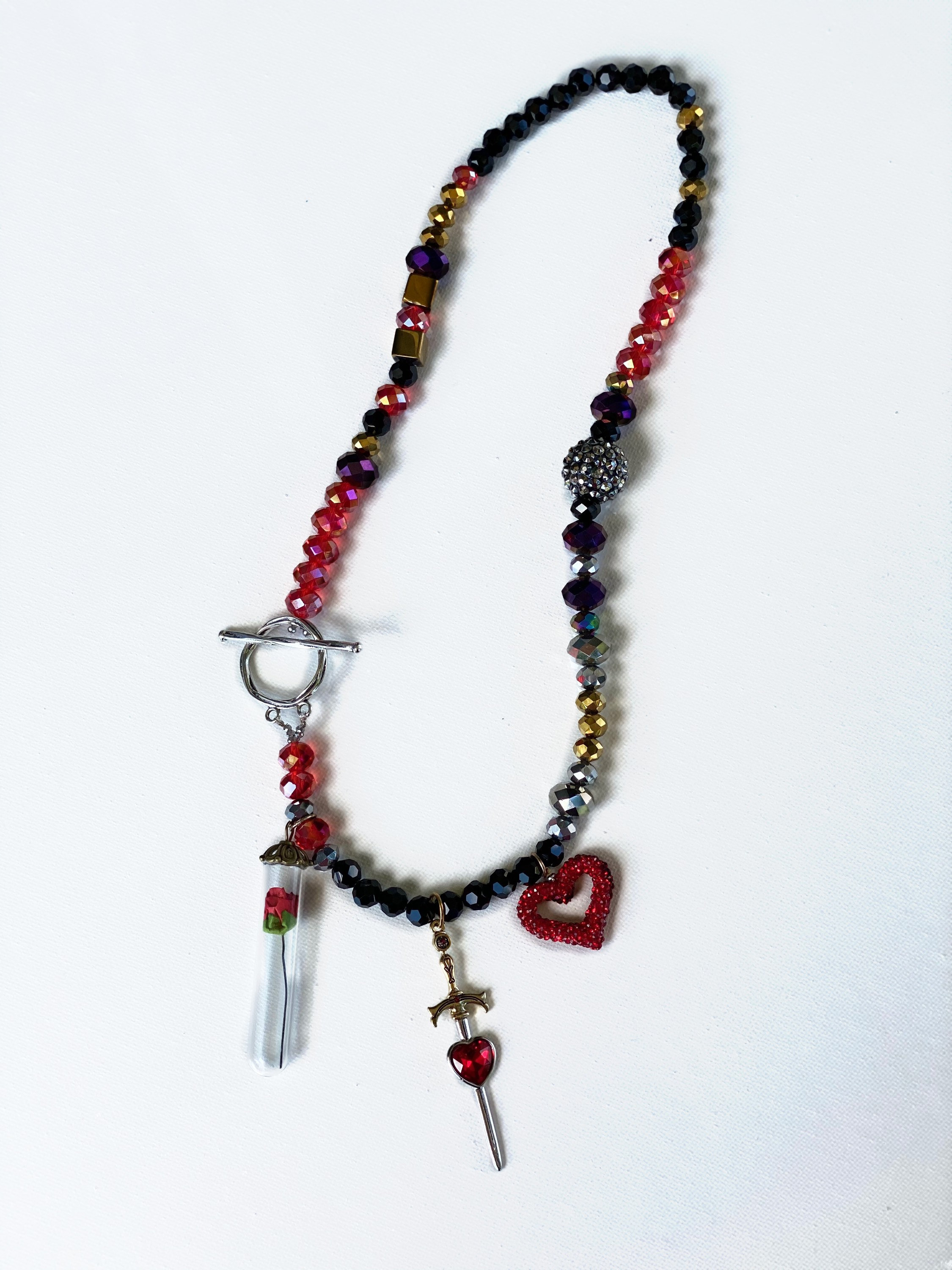 Heart & Sword With Rose Charms Beads Sparkly Handmade Necklace - Etsy UK