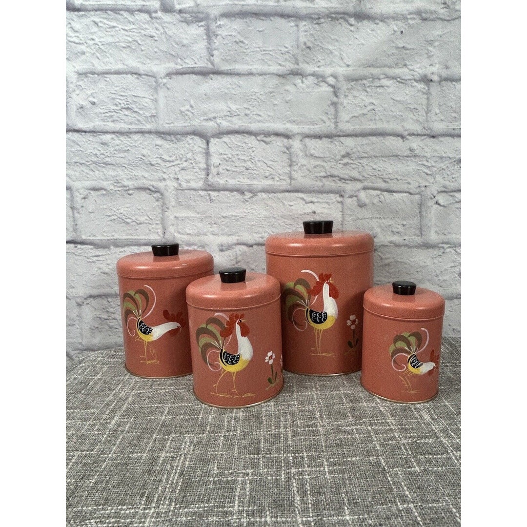 Vintage Ransburg Rooster Chicken Canister Set of 4 Handpainted Pink Mid ...