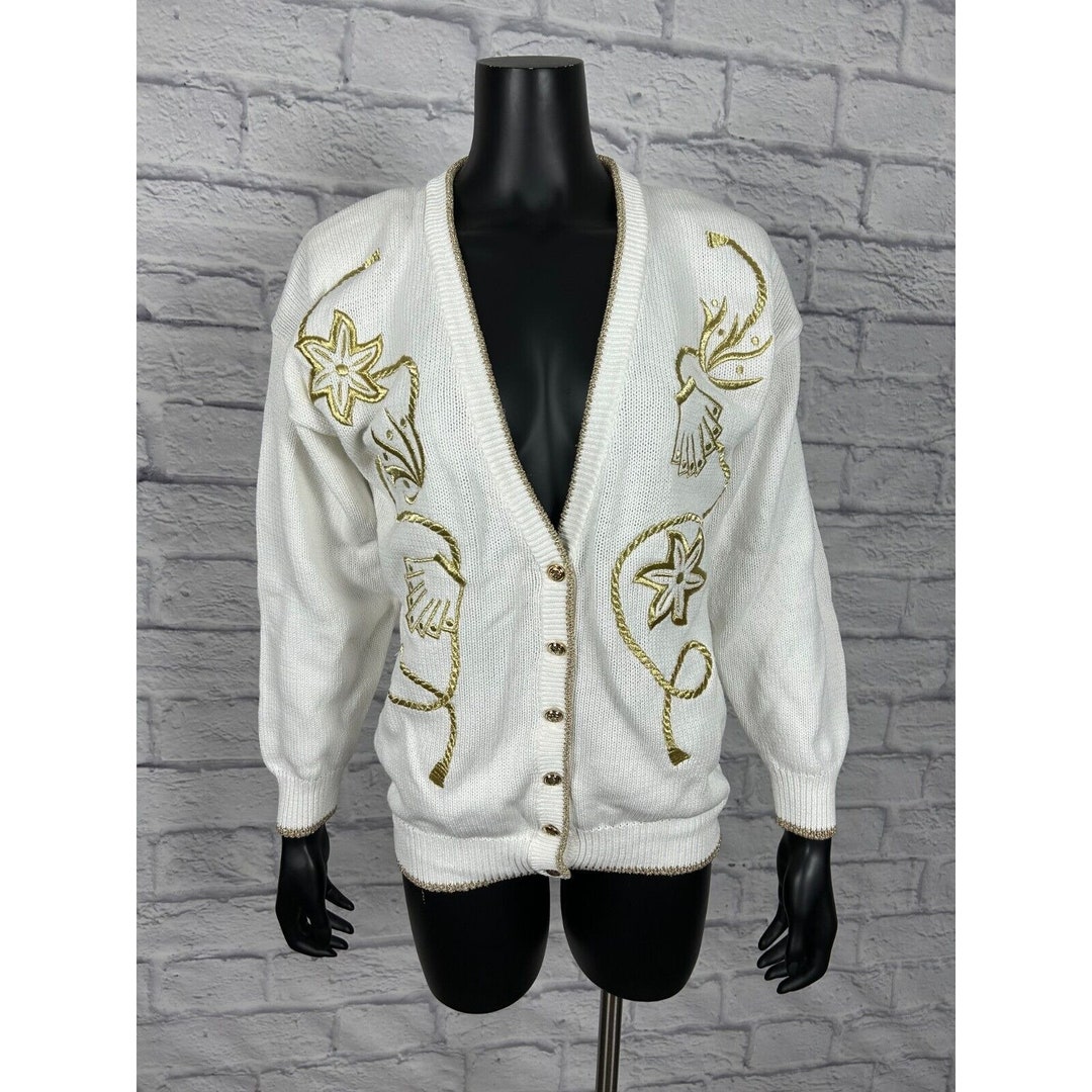 Tess Designs Bermuda Ivory Metallic Gold Embroidery Cardigan - Etsy