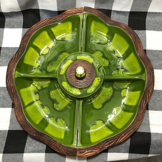 Ceramic Dark Green Serving Platter Divided MCM 3 piece Trays & Platters ...