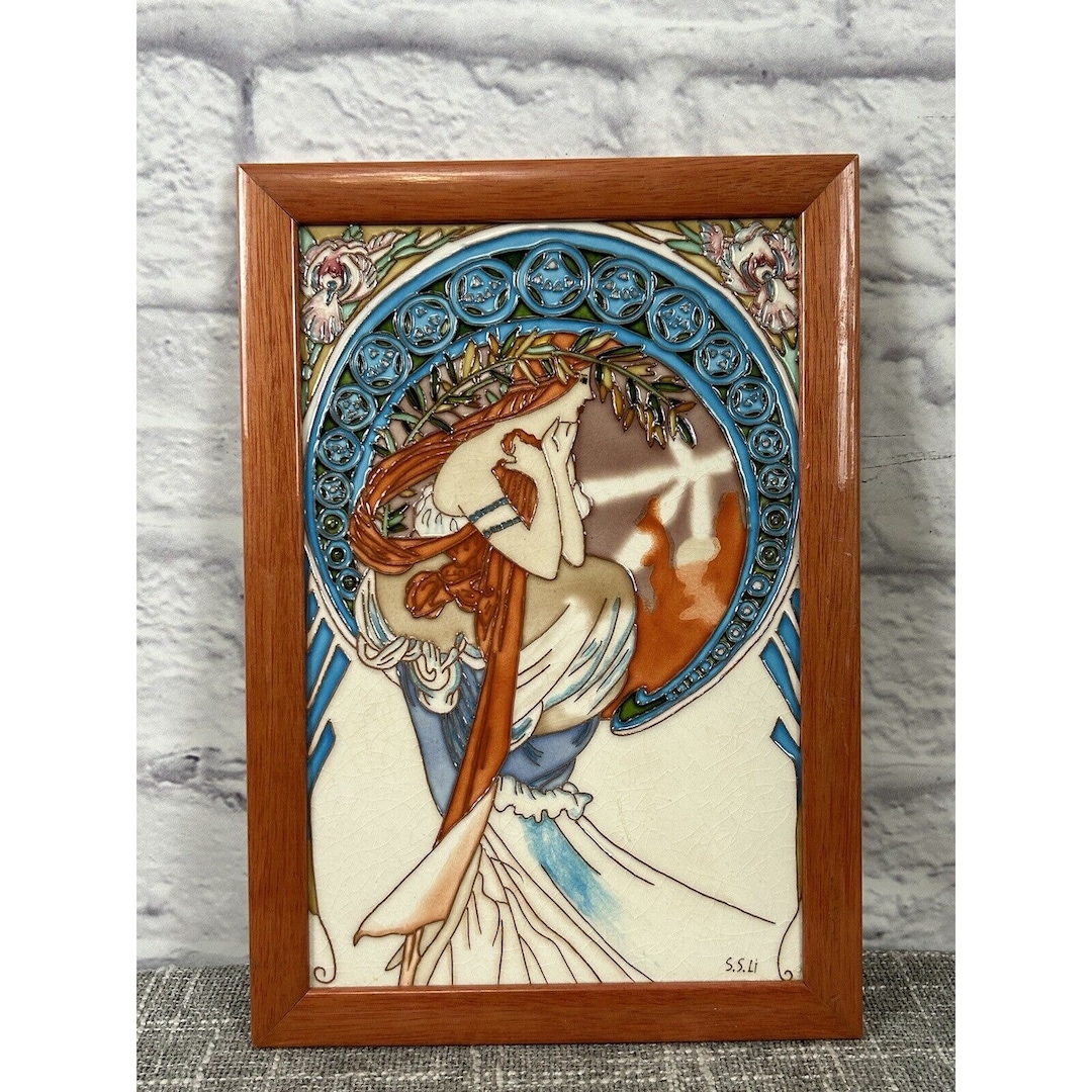 Alphonse Mucha Poetry Art Nouveau Woman Blue Moon Painted Ceramic 13 ...