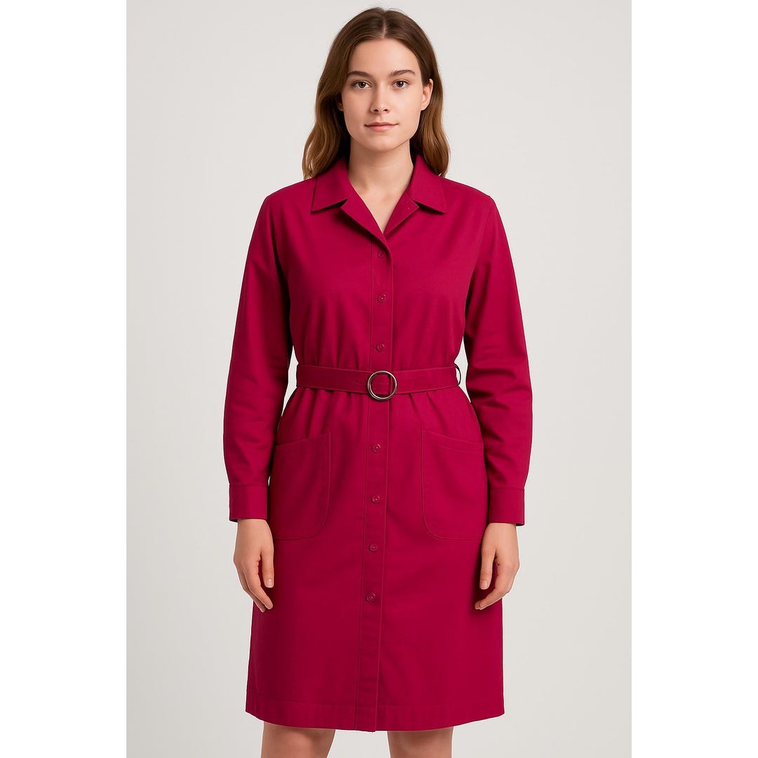 Magenta Belted Shirt Dress Size 7 Button Front Collared Mid Length ...