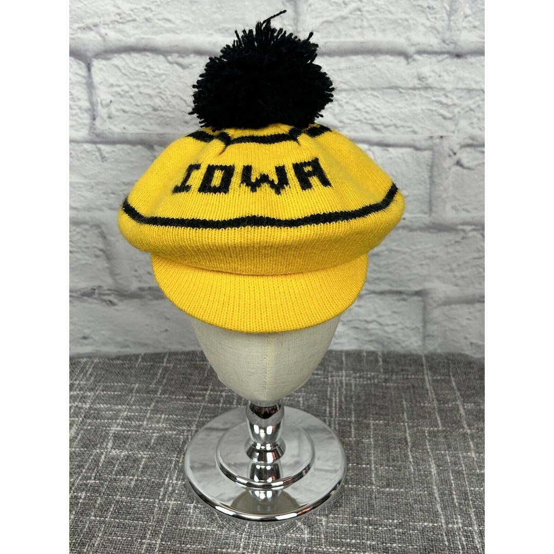 Vintage Iowa Hawkeyes Lets Go Hawks Pom Newsboy Hat Tam 70s NCAA Yellow ...