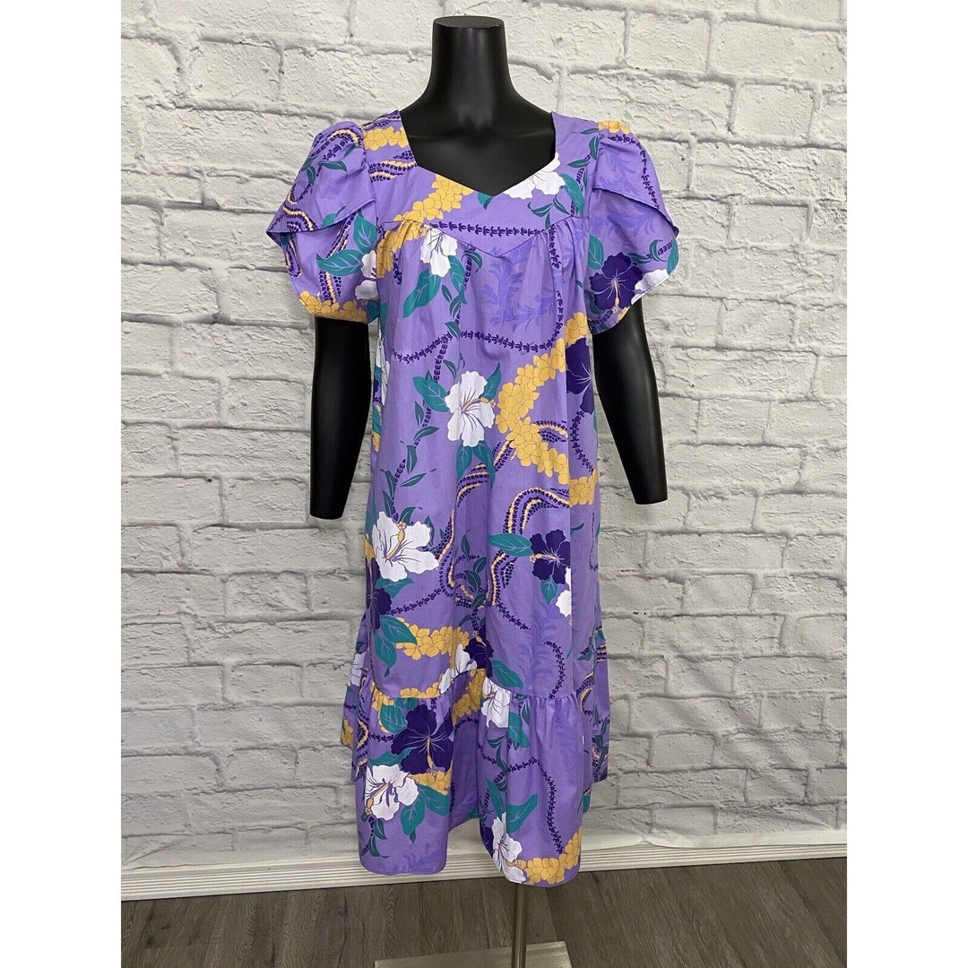 Jade Fashions Hawaiian Dress Purple M Vintage Floral Hibiscus Midi ...
