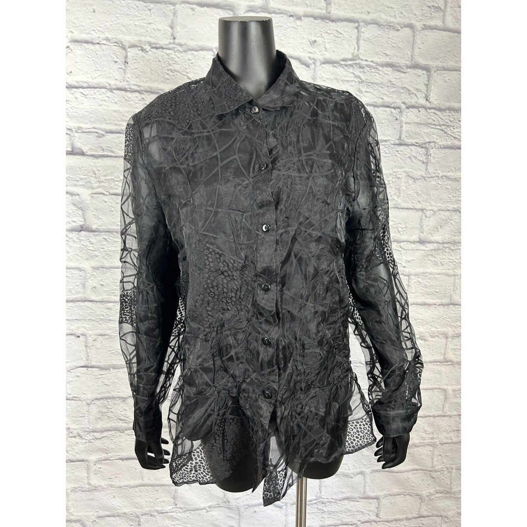 Joan Leslie Black Sheer Lace Abstract Print Button up Blouse 90s Women ...