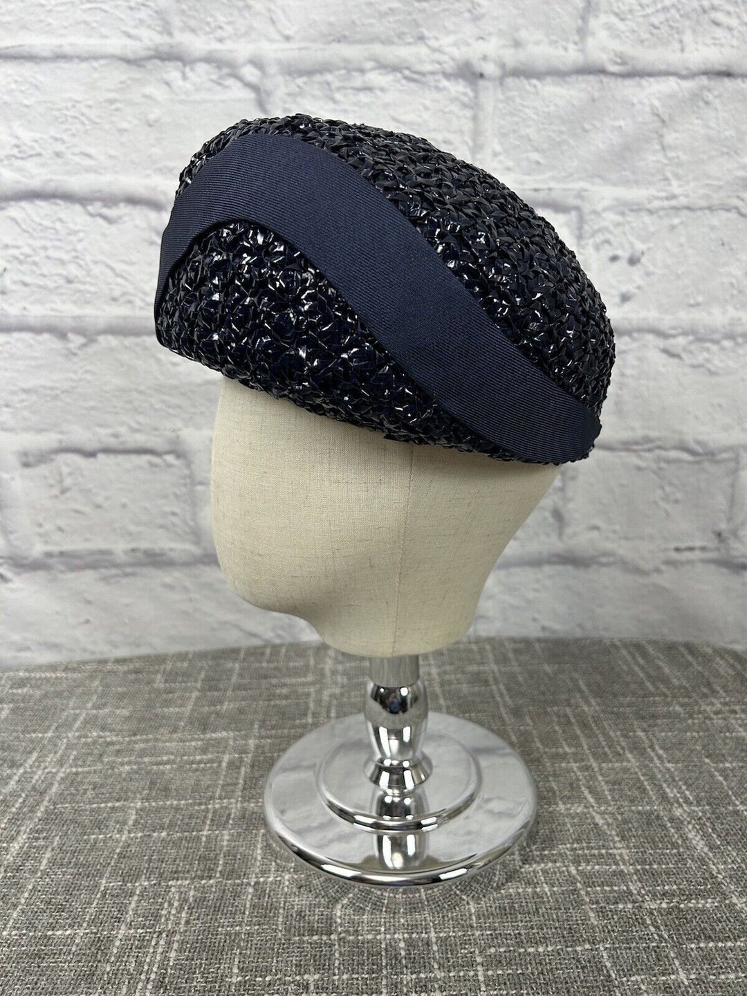 Vintage Trebor 1950s Lacquered Raffia Woven Hat Turban Bubble Navy Blue ...