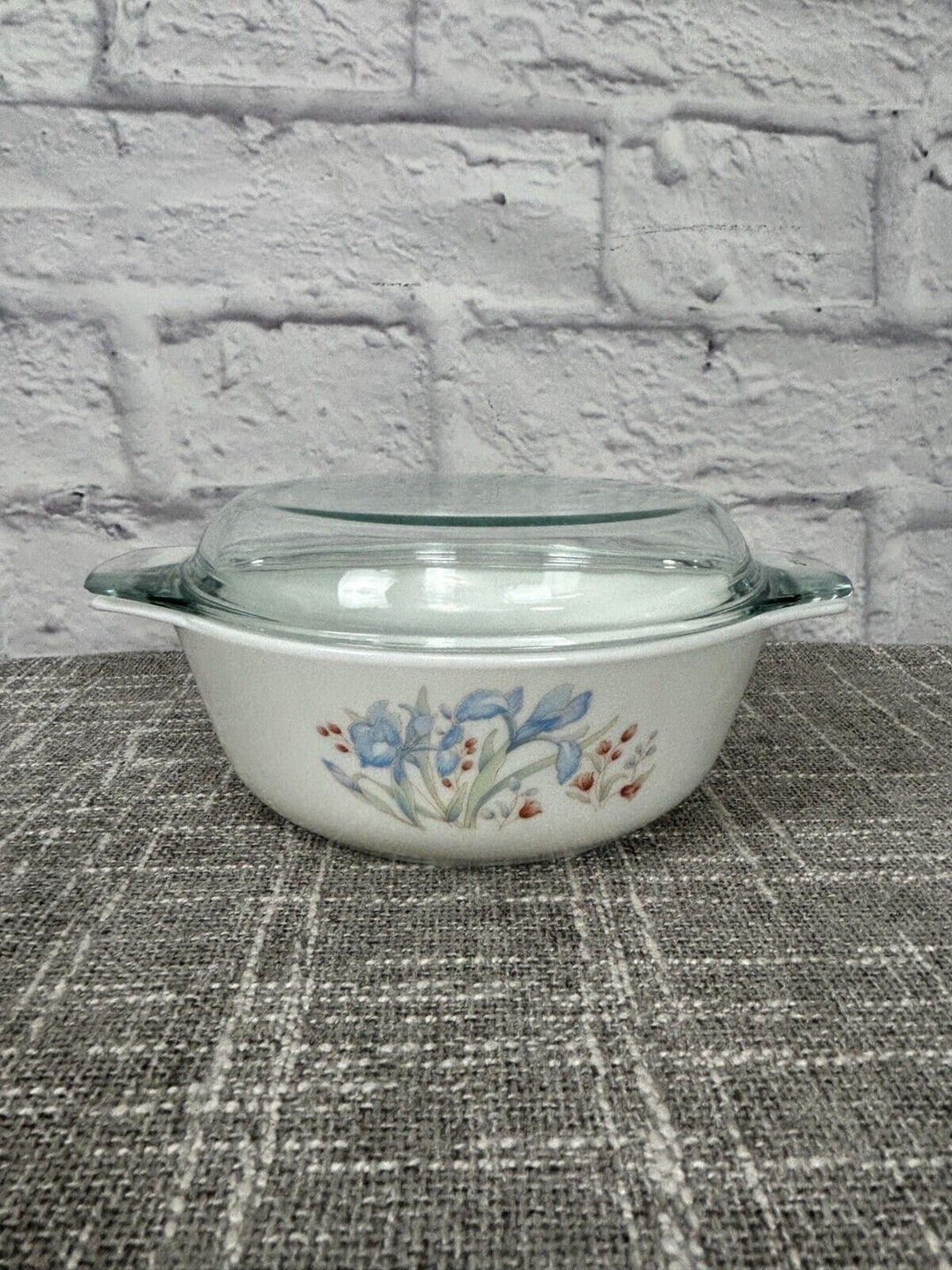 Pyrex Blue Iris White Ceramic Casserole Dish With Lid Vintage 90's ...