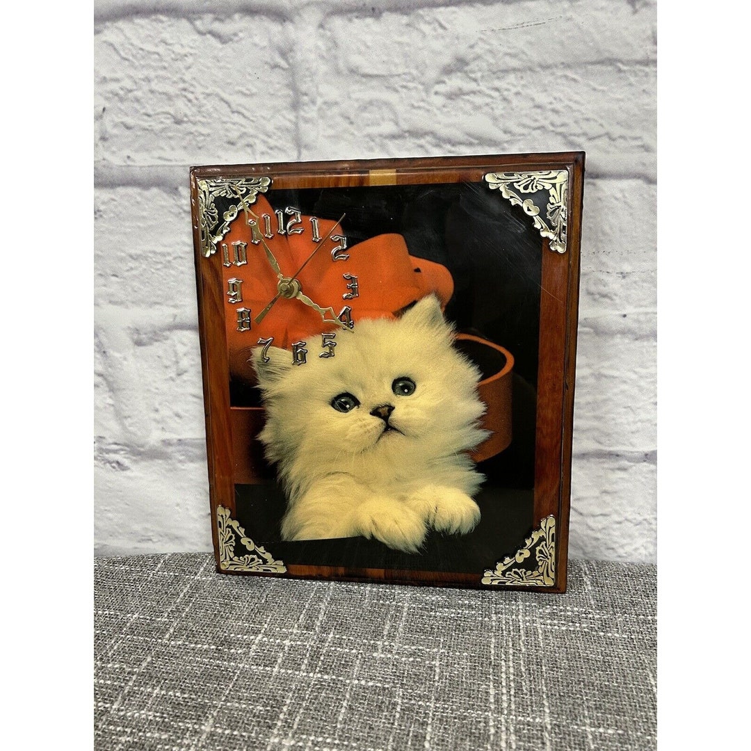 Vintage Lacquered Kitten Clock Cat Flowers Picture Wooden 11"x10" Needs ...