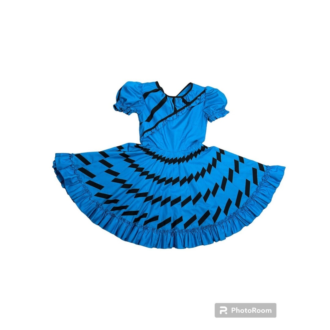 Vtg 80s Swing Dress Square Dance Ruffled Puffed Blue/black - Etsy