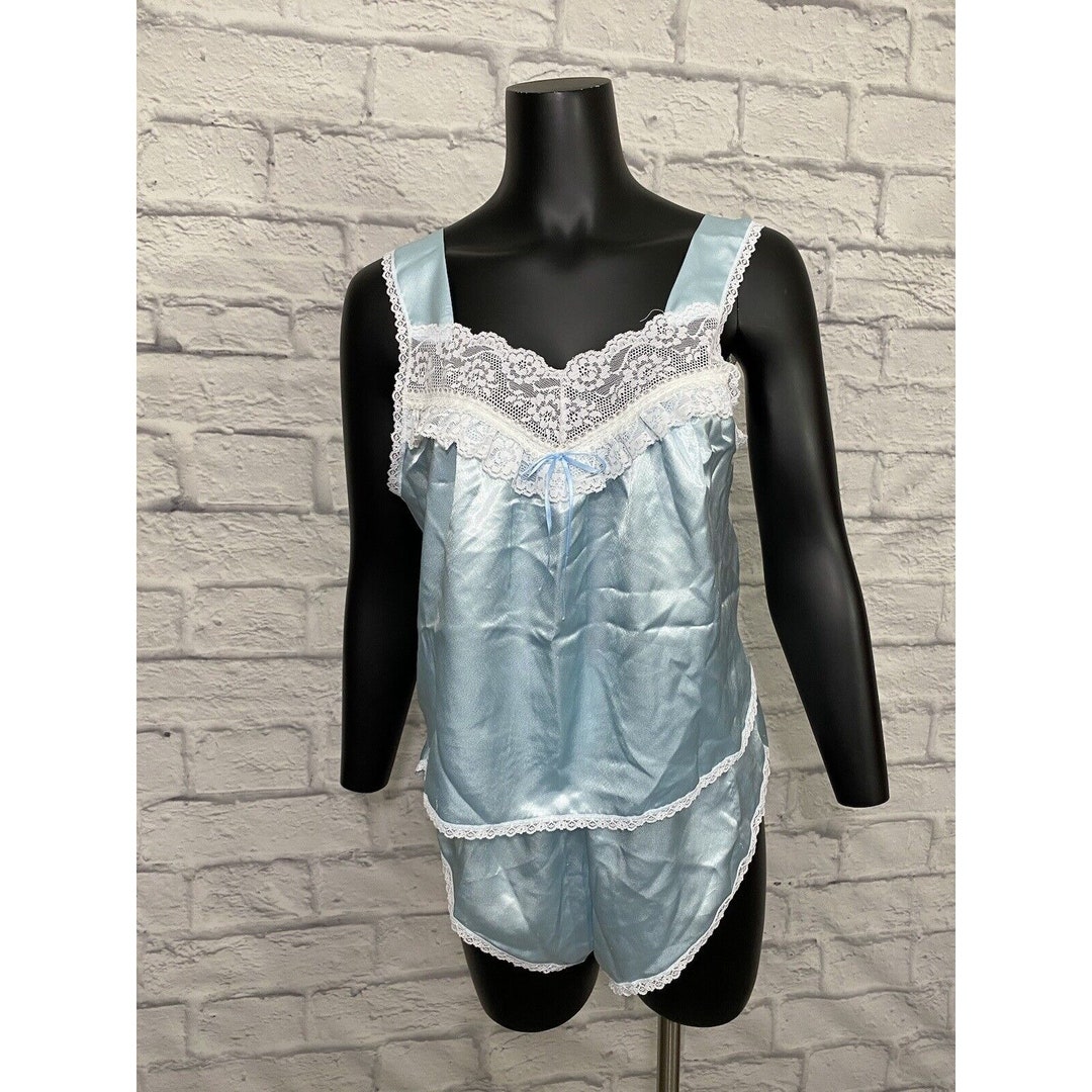 Featherbed Blue Satin Camisole Lingerie Set USA Vintage Romantic 80s M ...