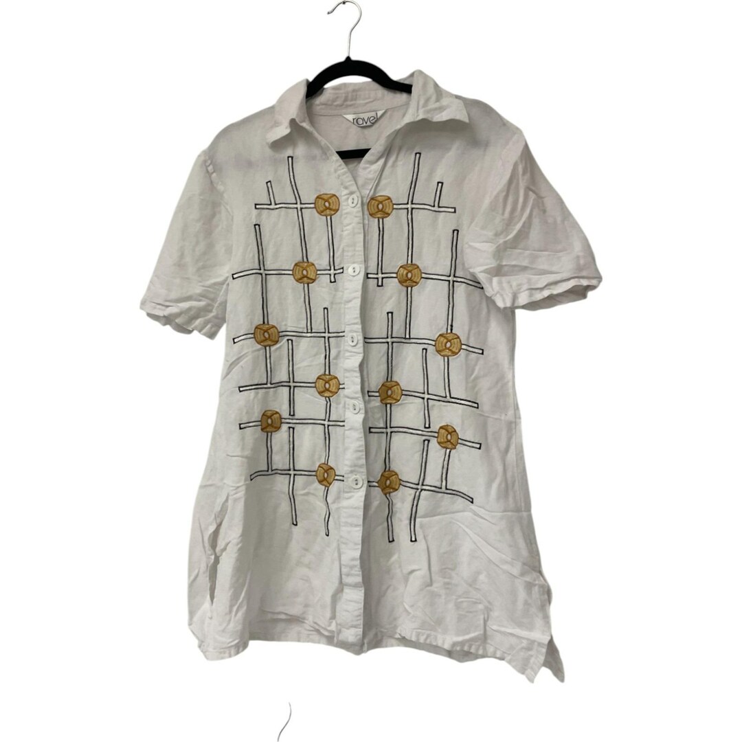 Ravel Blouse Vintag L White Geometric Embroidery Button up Short Sleeve ...