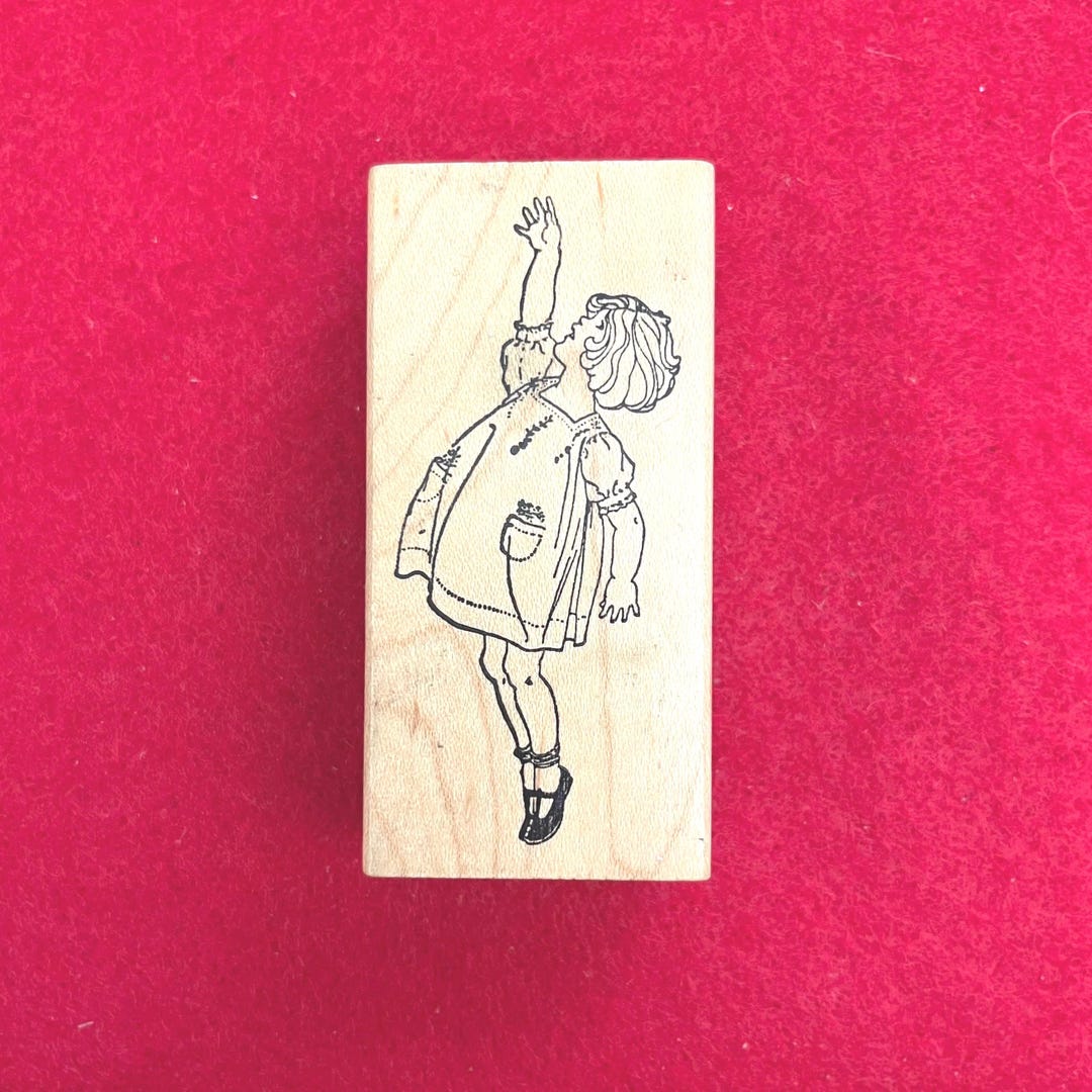 Rubber Stamp Little Girl in Old Fashioned Dress Jumping to Reach Her ...