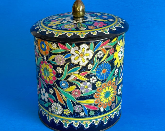 Large Lovely Tin Canister With Lid Made in England Embossed Painted ...