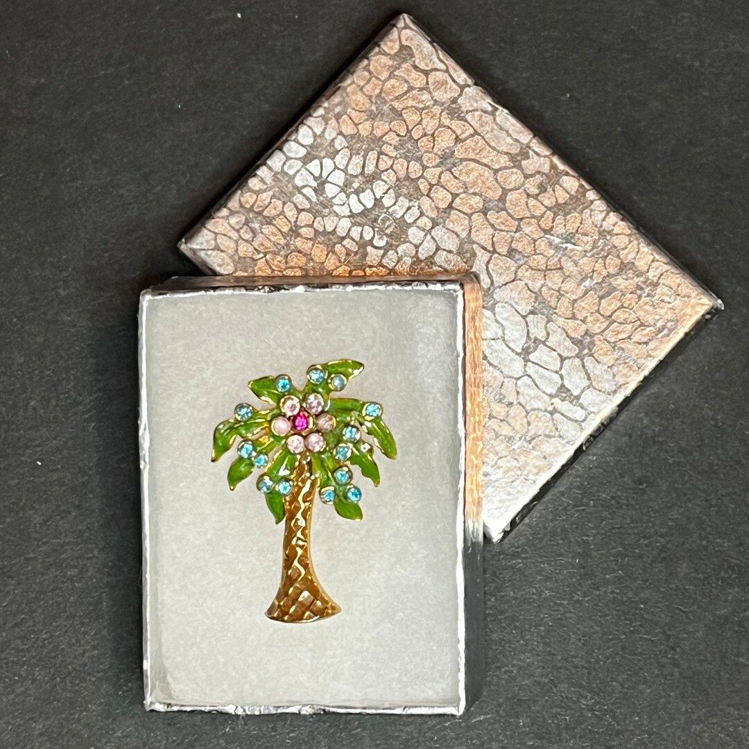 Palm Tree Rhinestone Lapel Pin by Nina Ricci in Gold Gift Box Sparkly ...