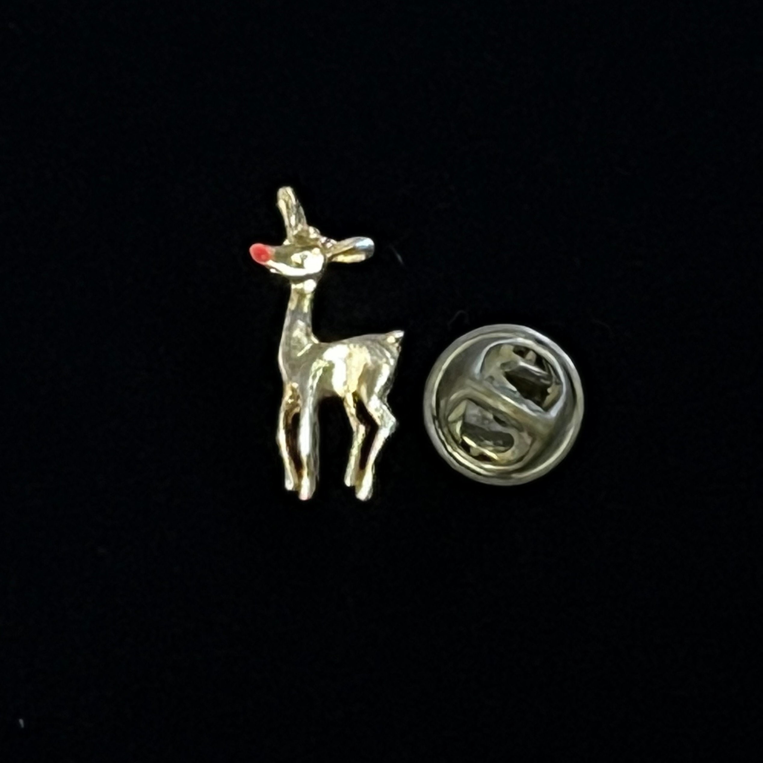 Red Nosed Reindeer Pin in Gold Tone, Tiny Tie Tack in Gift Box, Simple ...