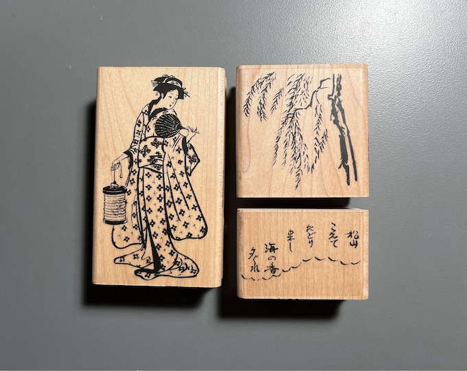 Rubber Stamp Set Japanese Lady in Kimono With Lantern - Mountain Scene ...