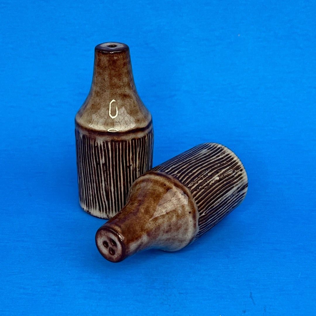 Mid-century 1970s Modern Pottery Salt and Pepper in Gift Box Brown and ...