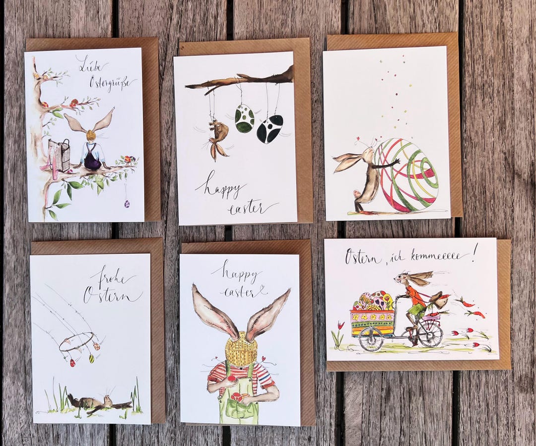 Osterkarten 6er-Set | Sechs Osterkarten mit Umschlag | Aquarell-Osterkarten mit verschiedenen ...