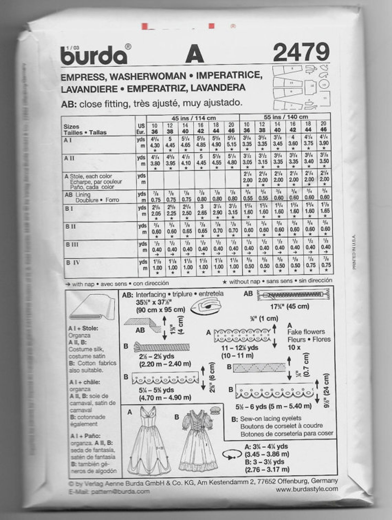 Burda 2479 Misses Renaissance Empress or Servant Costume Sewing Pattern ...