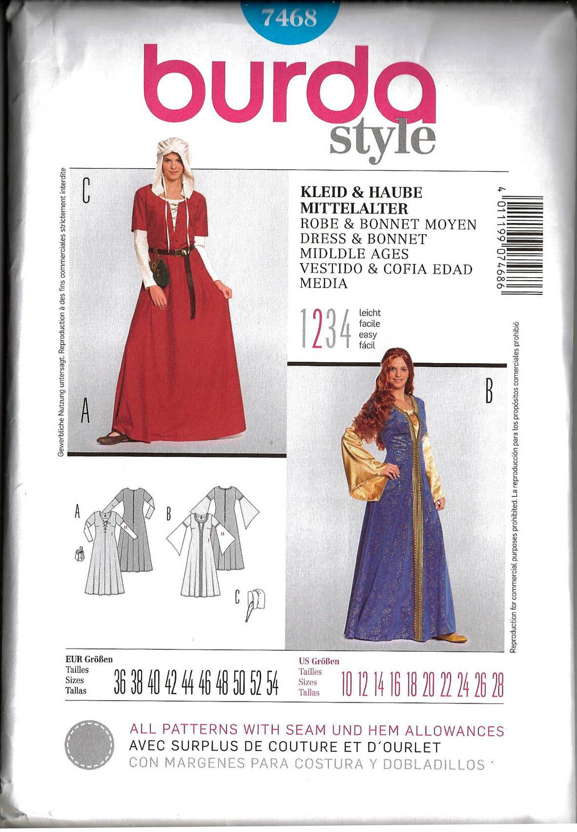 Burda 7468 Medieval Dress & Bonnet Misses Costume Sewing | Etsy