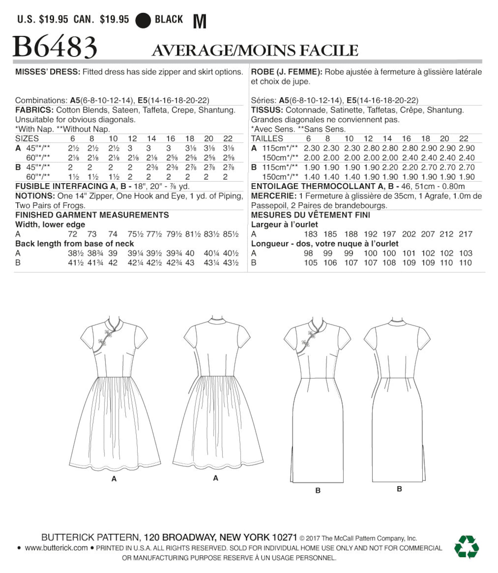 Butterick B6483 / Simplicity S9292 Gertie Retro Misses' Mandarin Collar ...
