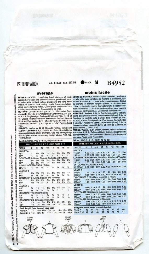 Butterick B4952 or B5232 OOP Victorian Jacket Sewing Pattern | Etsy