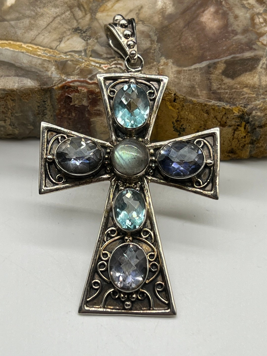 Vintage NB Sterling Multi Stone Cross Pendant - Etsy