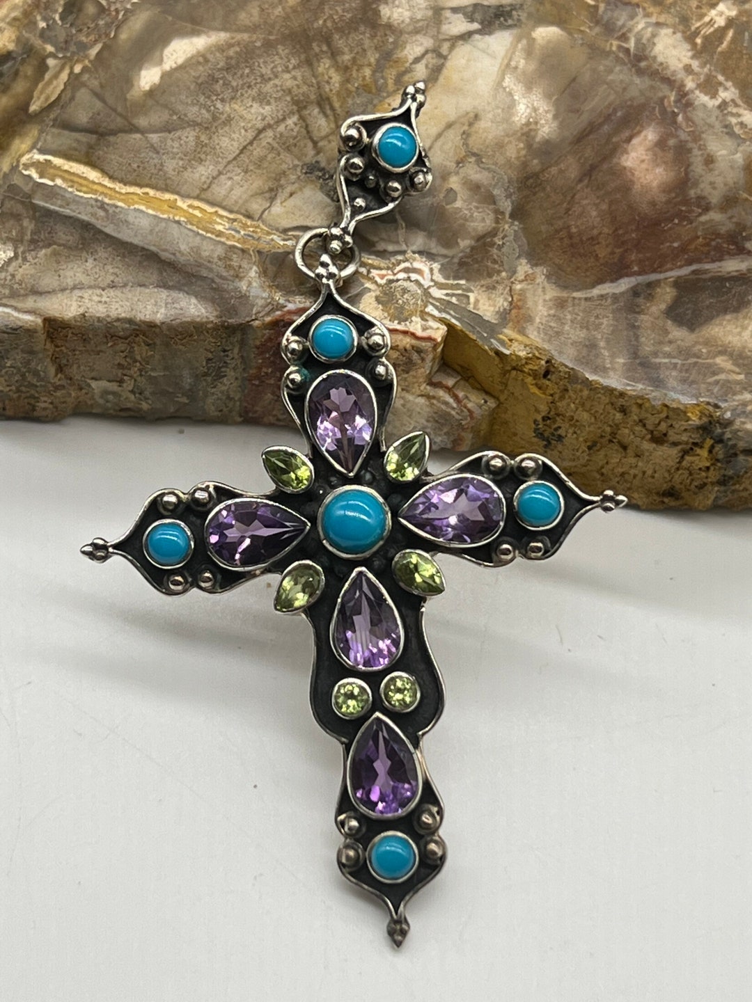 Vintage NB Multi Stone Cross on Sterling 925 - Etsy