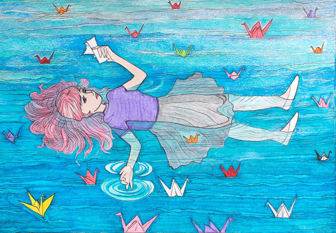 Girl Floating With Paper Cranes - Etsy