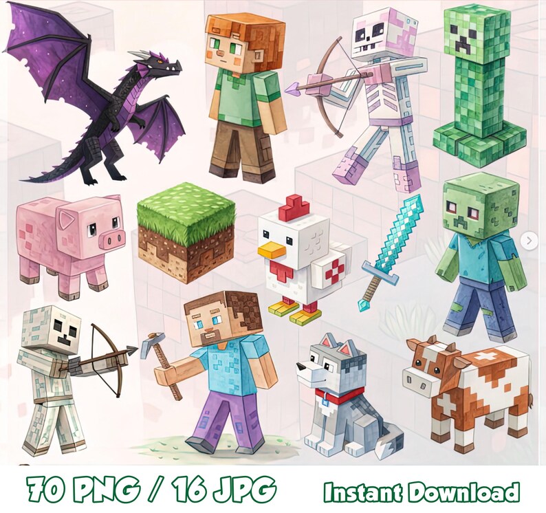Minecraft Acuarela Clipart PNG - Personajes y elementos de pixel art ...