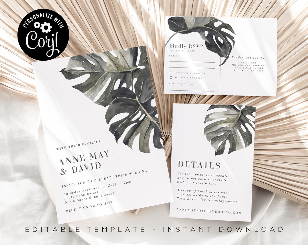 Boho Monstera Leaf Wedding Invitation Suite Template Instant Download ...