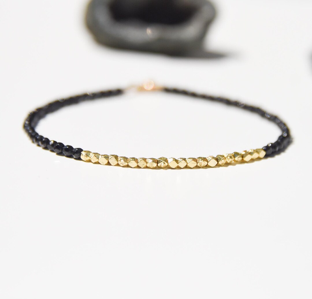 Solid 14k Gold and Black Spinel Bracelet, 14 Karat Gold Bali Style Hand ...